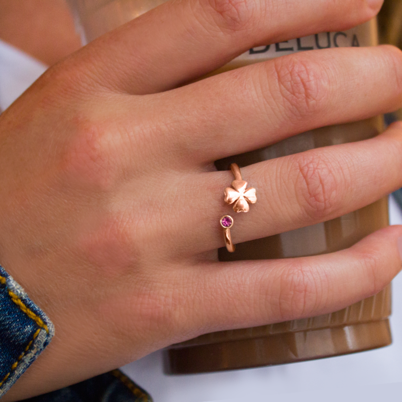 Four Leaf Clover Birthstone Open Ring