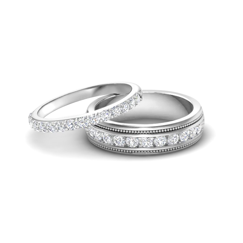 Lab Diamond Classic Milgrain Wedding Bands Couples Rings Set