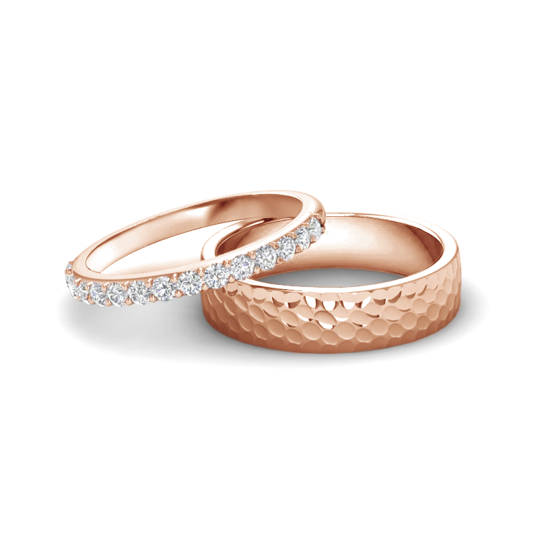 Lab Diamond Textured Hammer Finish Wedding Bands Couples Rings Set