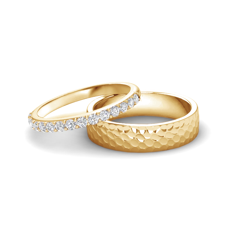 Lab Diamond Textured Hammer Finish Wedding Bands Couples Rings Set