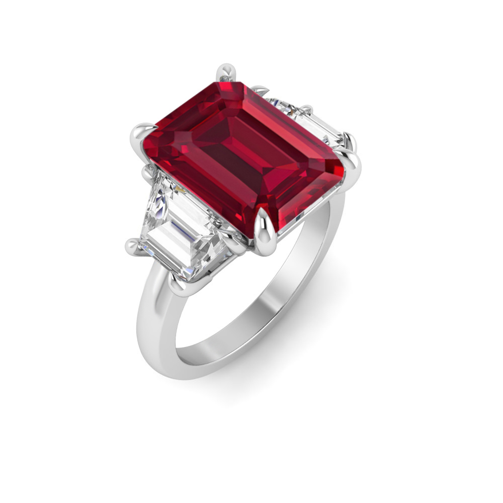 5 Ct Pear Shape Ruby & Lab Diamond Trapezoid Three Stone Engagement Ring