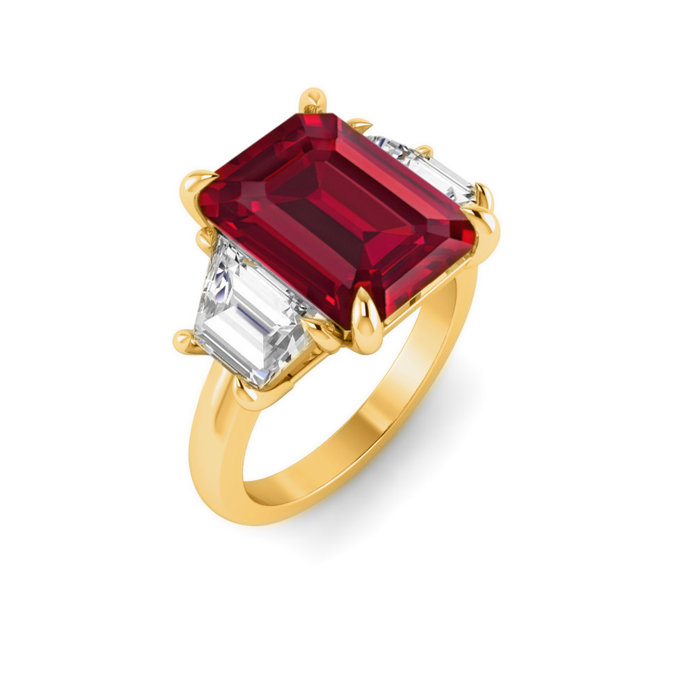 5 Ct Pear Shape Ruby & Lab Diamond Trapezoid Three Stone Engagement Ring